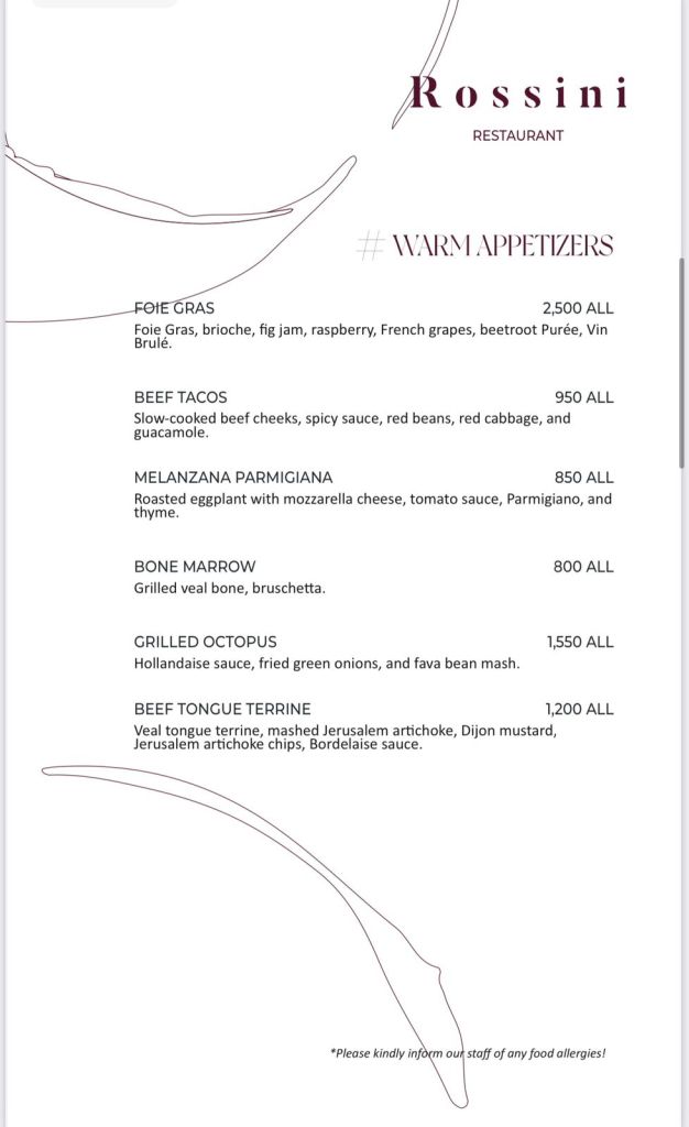 Rossini Menu – Rossini Restaurant
