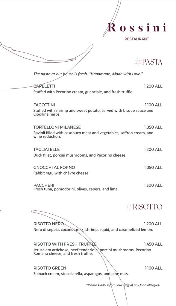 Rossini Menu – Rossini Restaurant